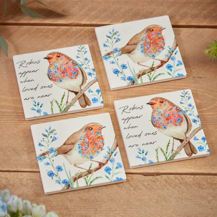 Robin Forget Me Not Ceramic Coasters – Donna's Gift Emporium